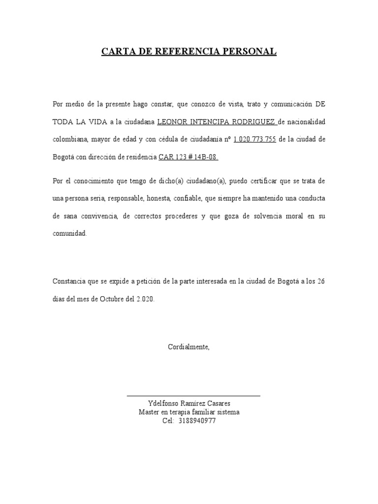 Carta de Referencia Personal para Leonor Rodríguez | PDF