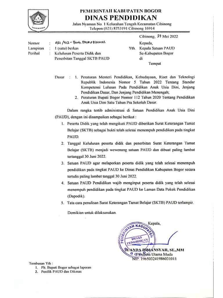 Tata Cara Penulisan SKTB Paud 2022 | PDF