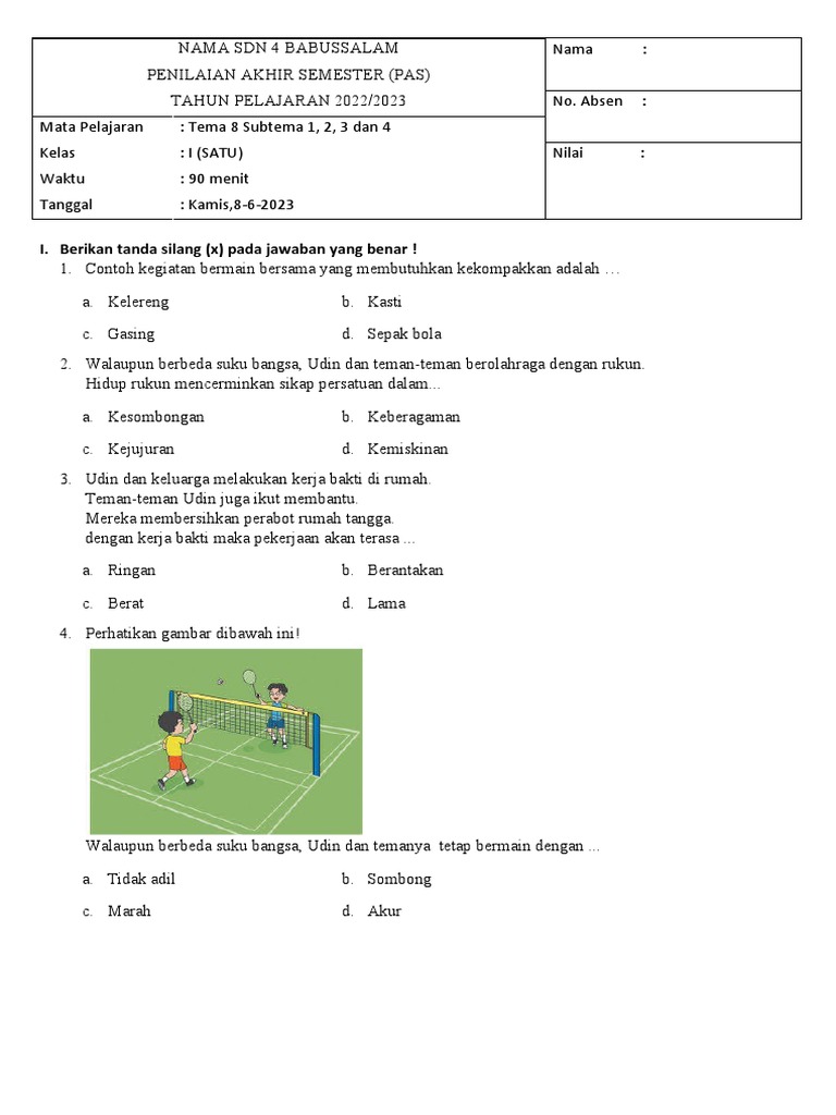 Soal PAS TEMA 8 KELAS 2 | PDF | Griya & Taman
