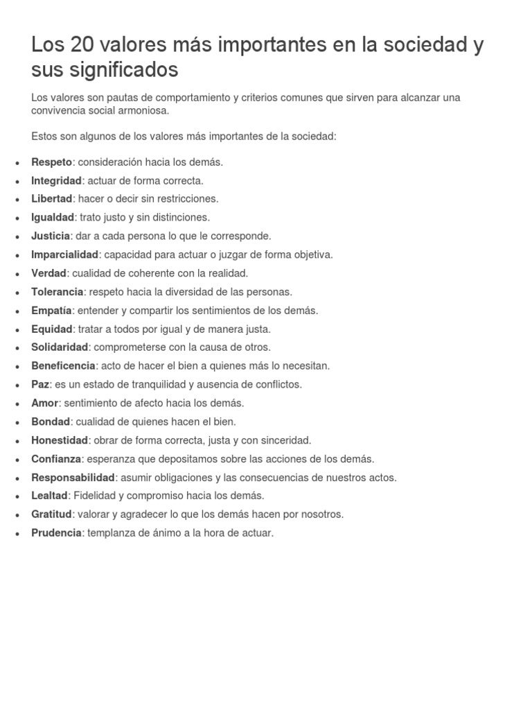 20 Valores Clave y su Significado | PDF