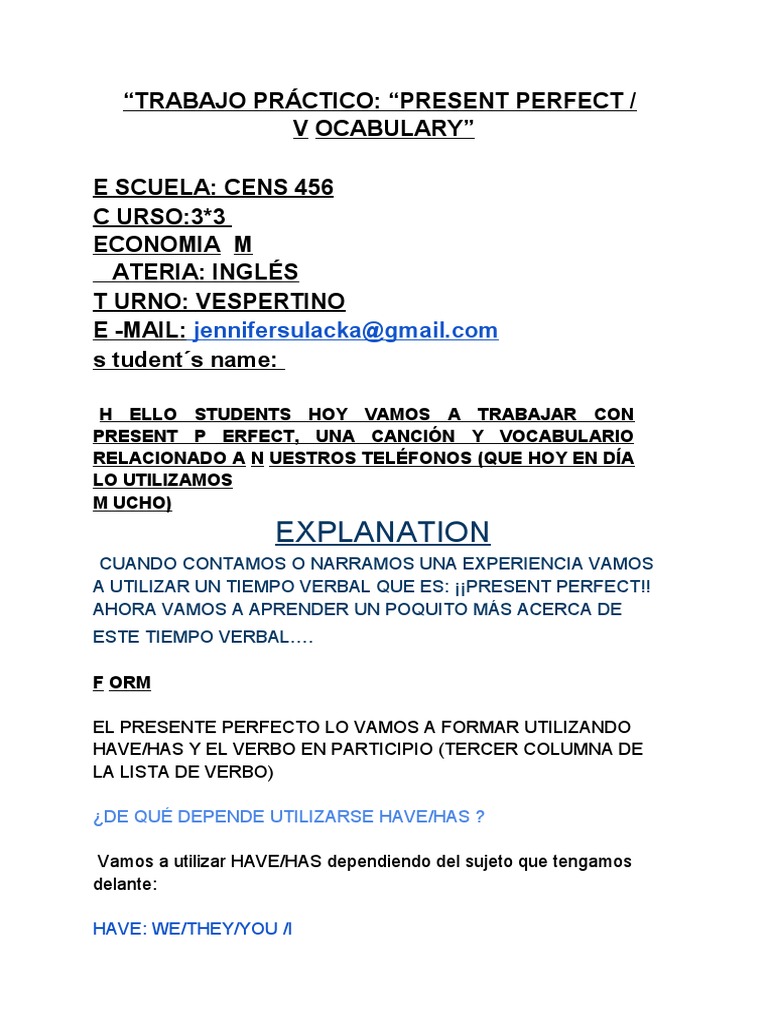 Present Perfect y vocabulario clave | PDF | Verbo | Gramática