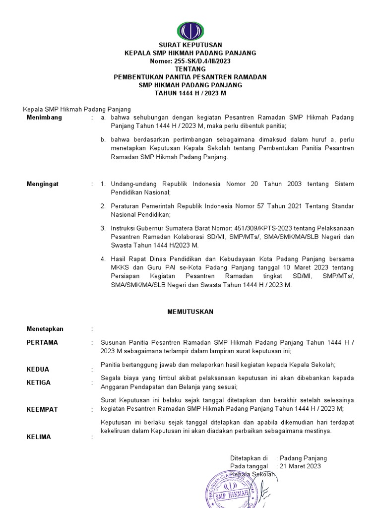 SK Panitia Pesantren Kilat TH 1444 H (Panduanmengajar - Com) | PDF