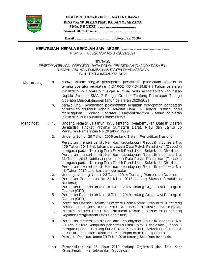 SK Penetapan Operator Dapodik Sekolah | PDF | Karier & Perkembangan ...