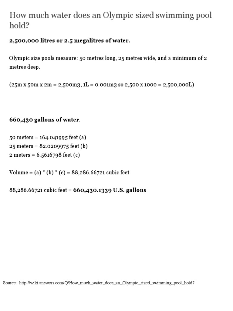 How Much Water Does An Olympic Sized Swimming Pool Hold | PDF
