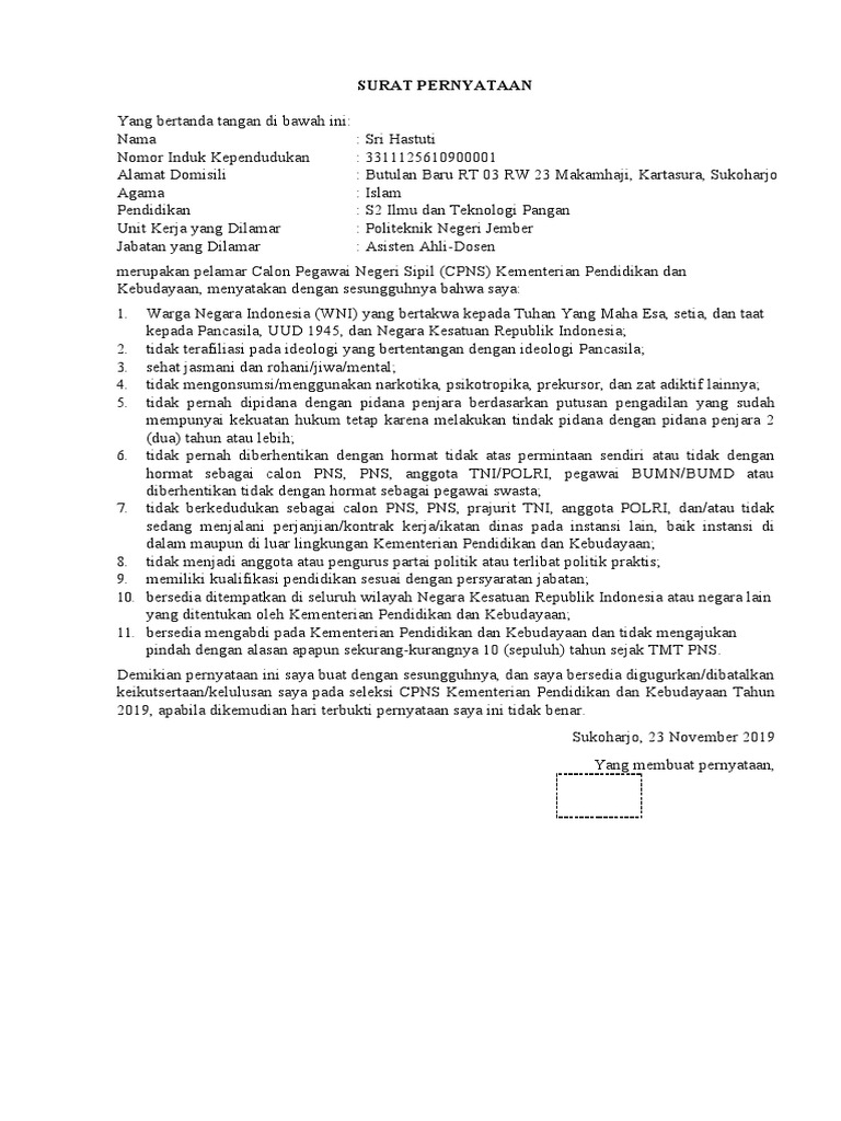 Surat Pernyataan CPNS Sri Hastuti | PDF