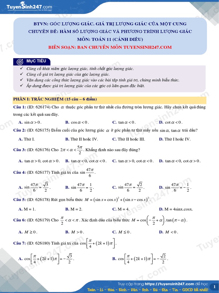 BTVN Goc Luong Giac Gia Tri Luong Giac Cua Mot Cung 1681548208 | PDF