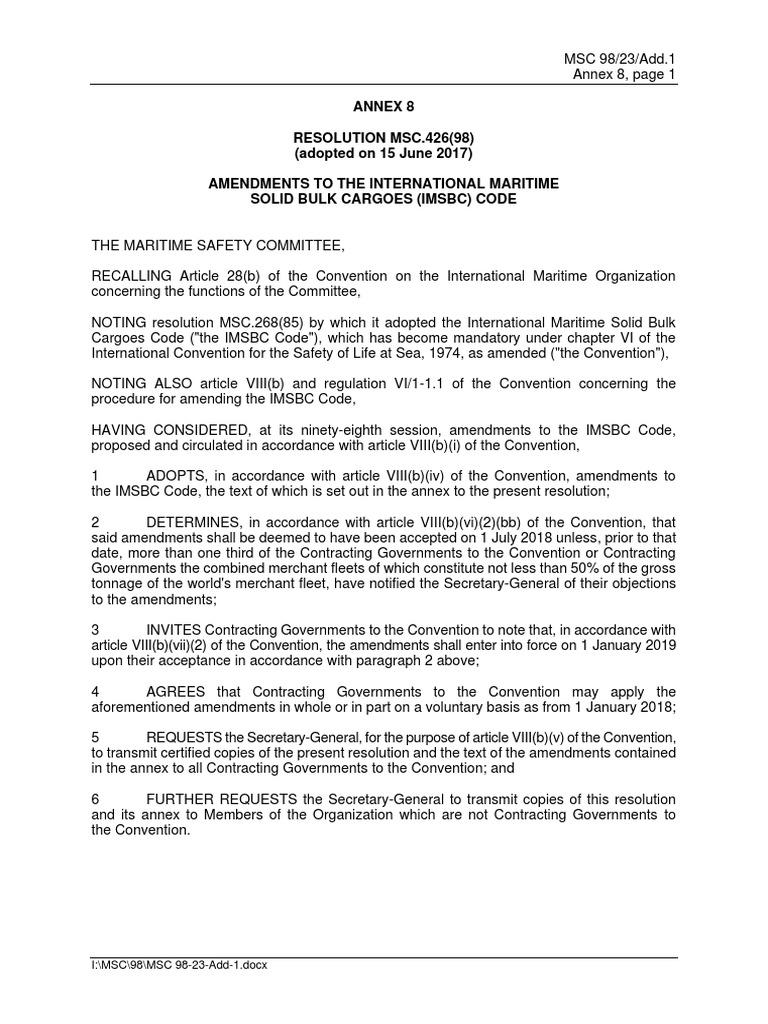 IMO - Res - MSC426 (98) - IMSBC Code Amendments RG | PDF | Dangerous Goods | Chemical Substances