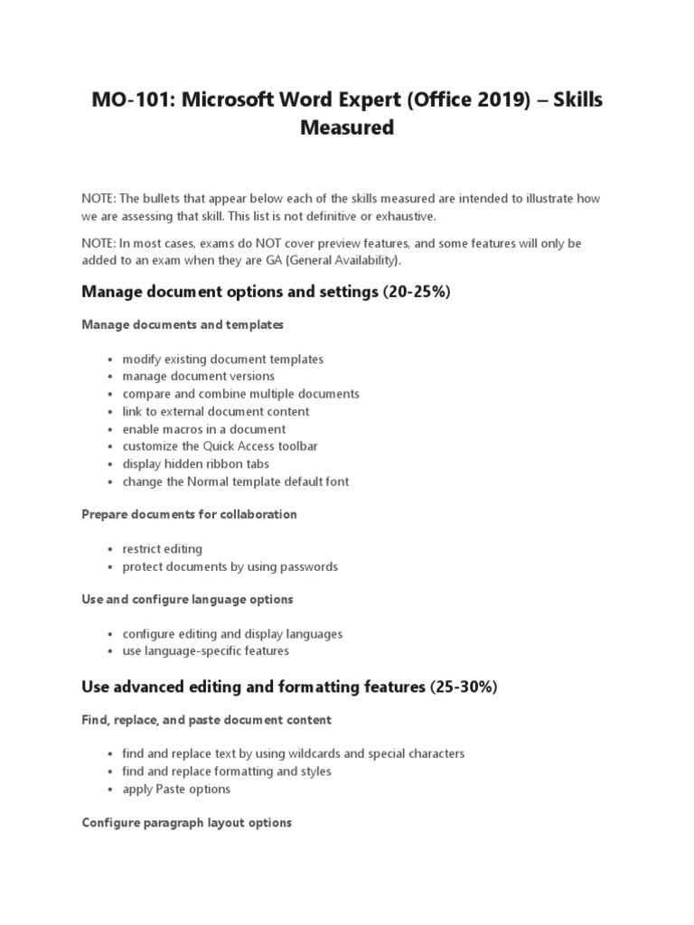 Mo 101 Microsoft Word Expert Skills Measured | PDF | Microsoft Word | Computer Science