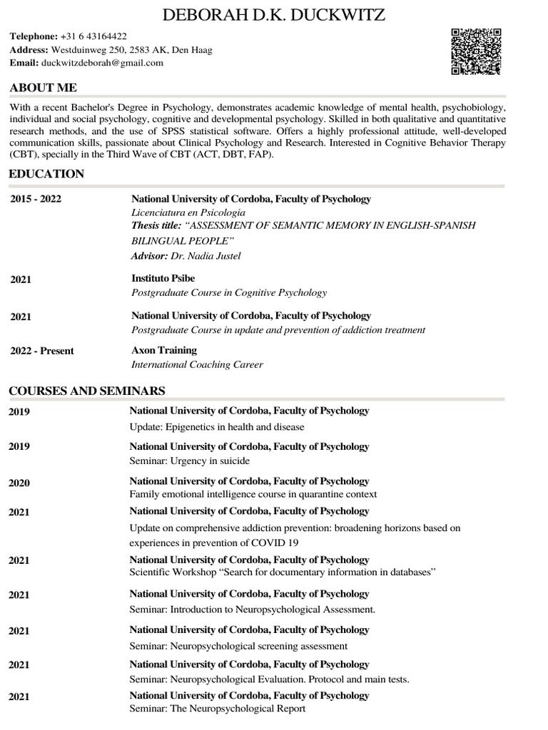 Academic CV - D.D.K. Duckwitz | PDF | Psychology | Cognitive Behavioral Therapy