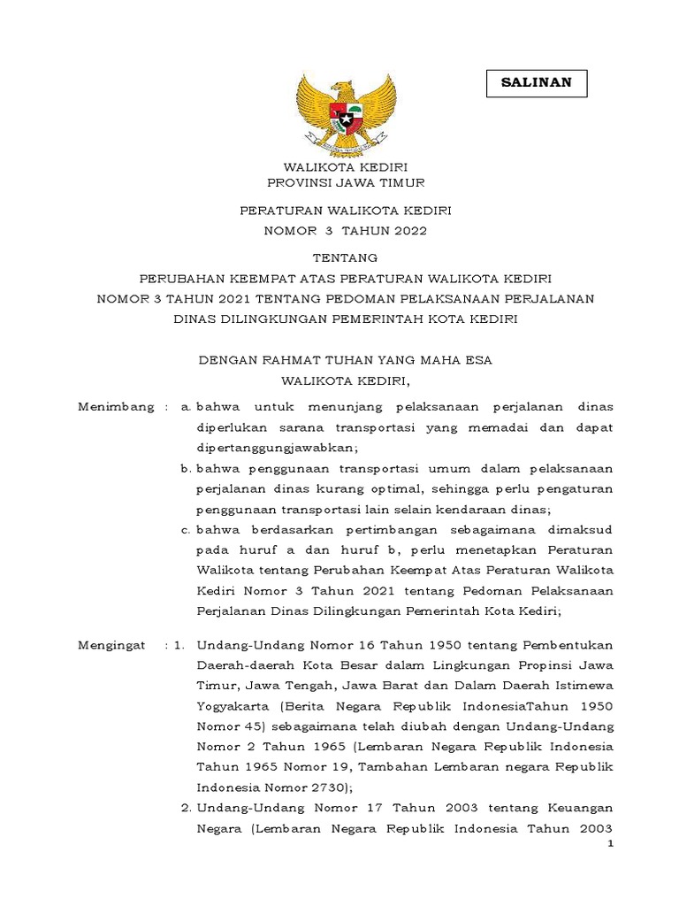 3 Perwal Perubahan Keempat Perwali Perjalanan Dinas | PDF