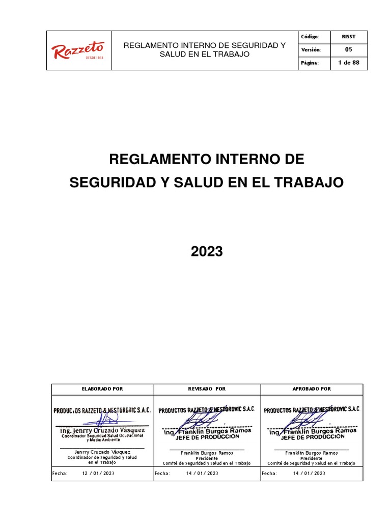 Reglamento de Seguridad Risst - Razzeto Final - V5 - 2023 | PDF | Seguridad y salud ocupacional ...