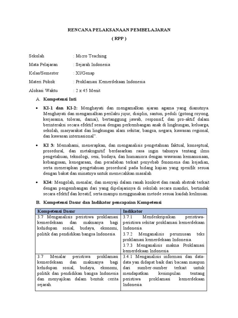 RPP Sejarah: Proklamasi Kemerdekaan | PDF