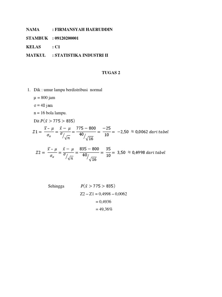 Tugas 2 Statistika Industri 2 - 09120200001 - Firmansyah Haeruddin | PDF