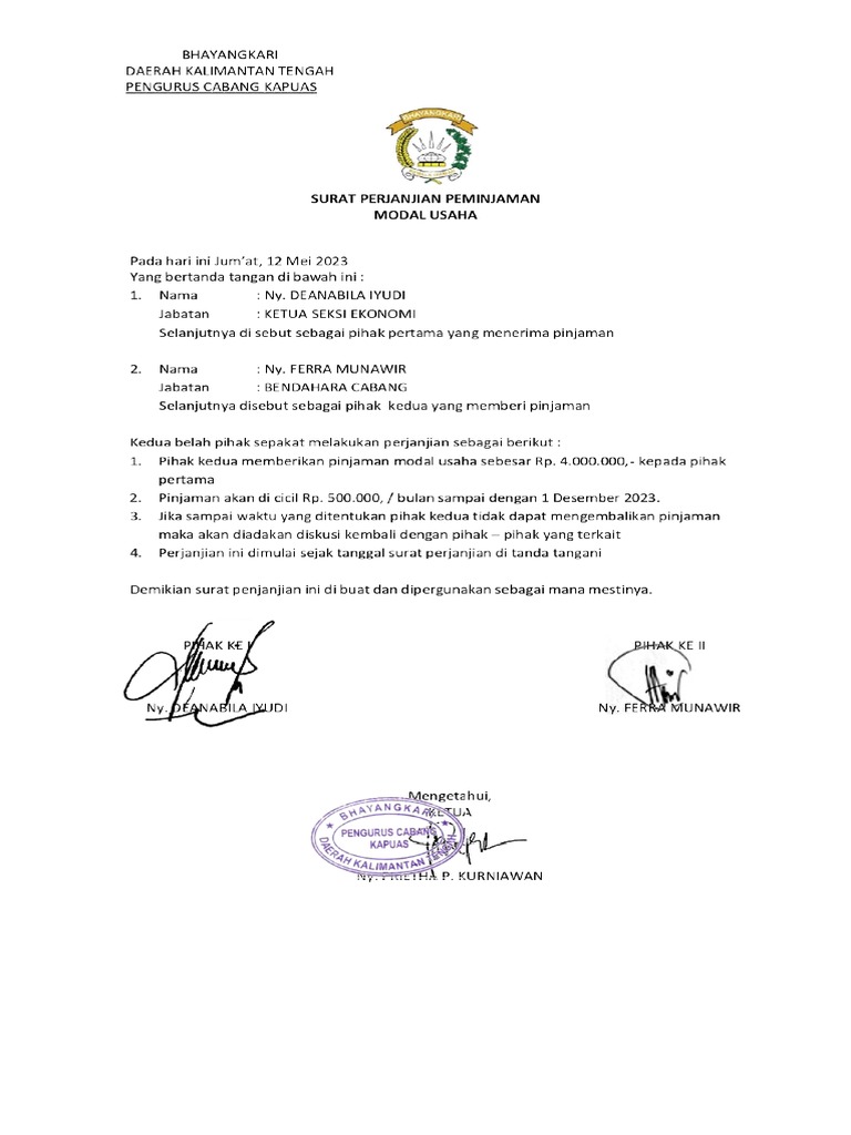 Surat Perjanjian Peminjaman Modal Usaha | PDF