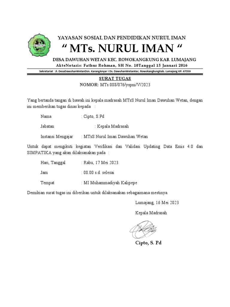 Surat Tugas MTs Nurul Iman 2023 | PDF