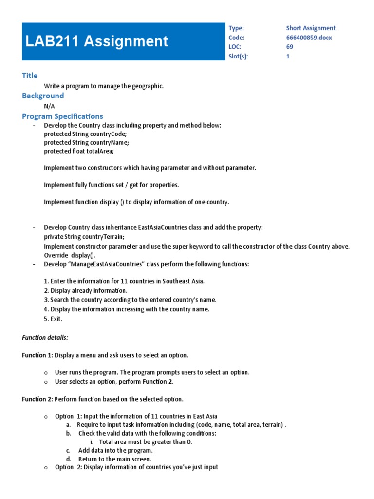 LAB211 Assignment: Title Background Program Specifications | PDF | Programming | Constructor ...