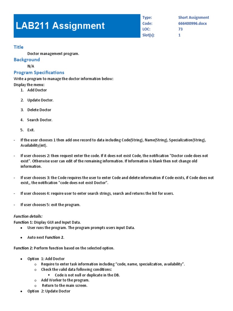 LAB211 Assignment: Title Background Program Specifications | Download Free PDF | Parameter ...