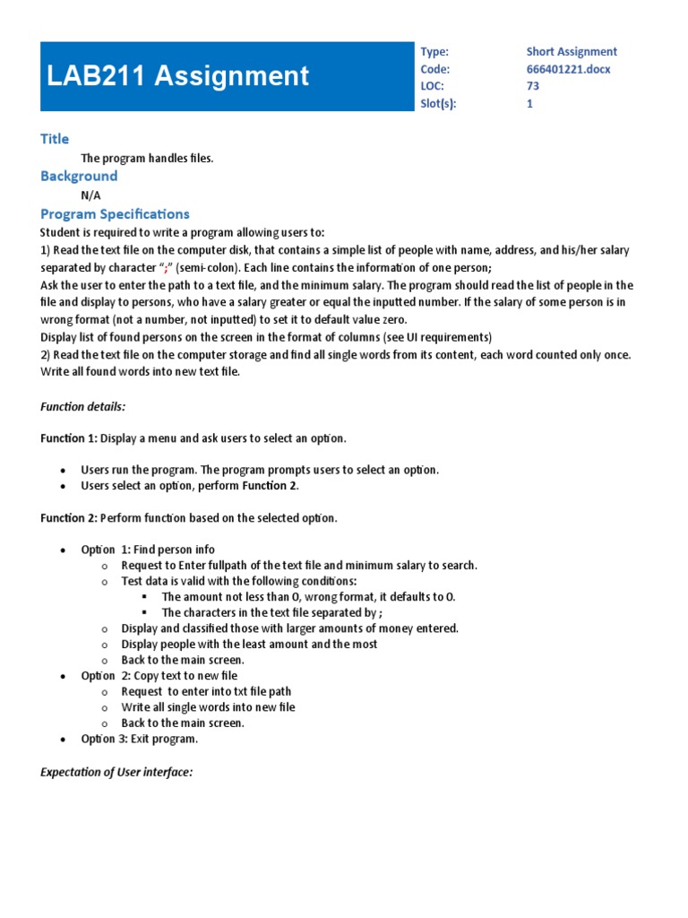 Lab211 Assignment Title Background Program Specifications Pdf Computer File Programming 
