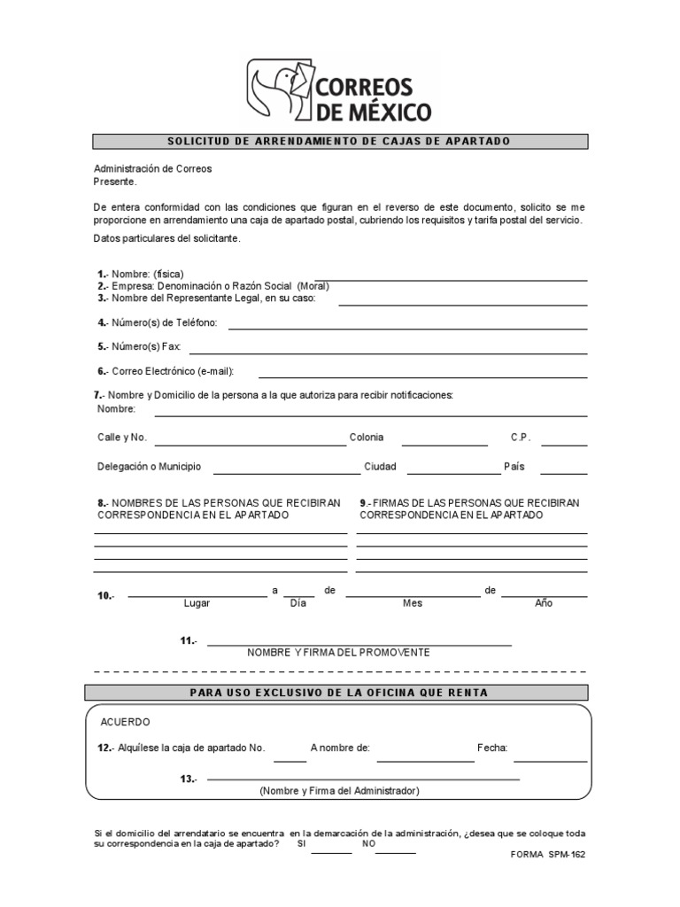 Solicitud de Arrendamiento de Cajas de Apartado Postal Mexico | PDF ...