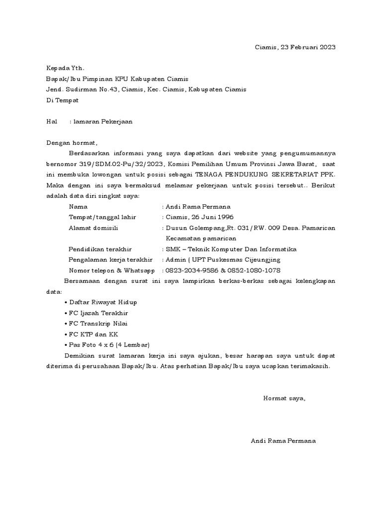 Surat Lamaran Pekerjaan Andi Rama | PDF
