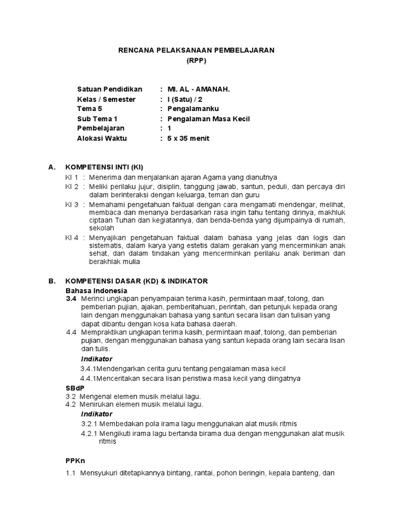 RPP Kelas 1 Tema 5 1 - 6 | PDF