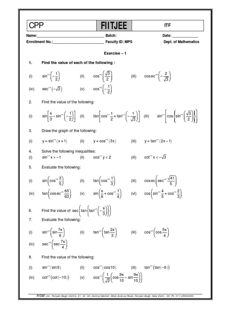 FIITJEE Mathematics Exercise Solutions | PDF | Trigonometric Functions | Equations