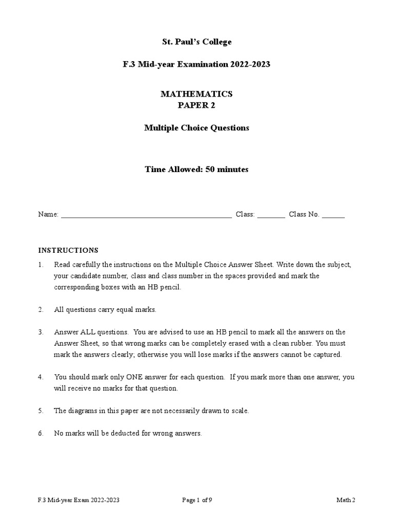2223 F3 T1 Paper 2 QAB | PDF | Multiple Choice | Mathematics
