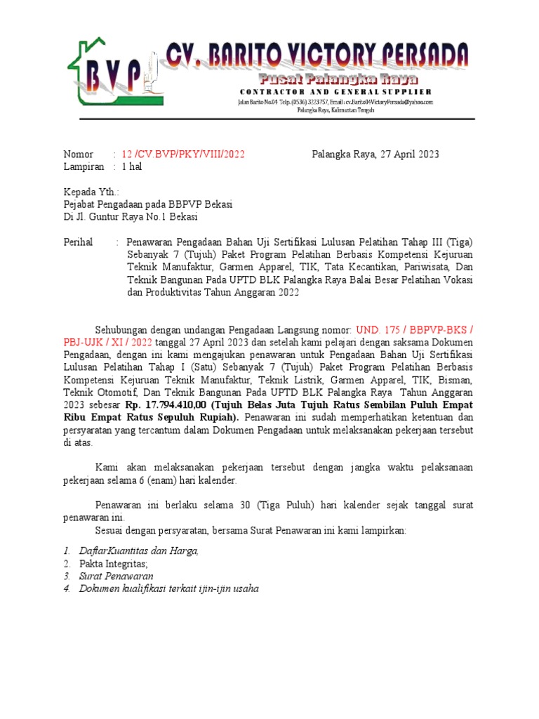 Surat Penawaran Pengadaan Bahan UJK UPTD Tahun 2023-BLK PLK THP I | PDF
