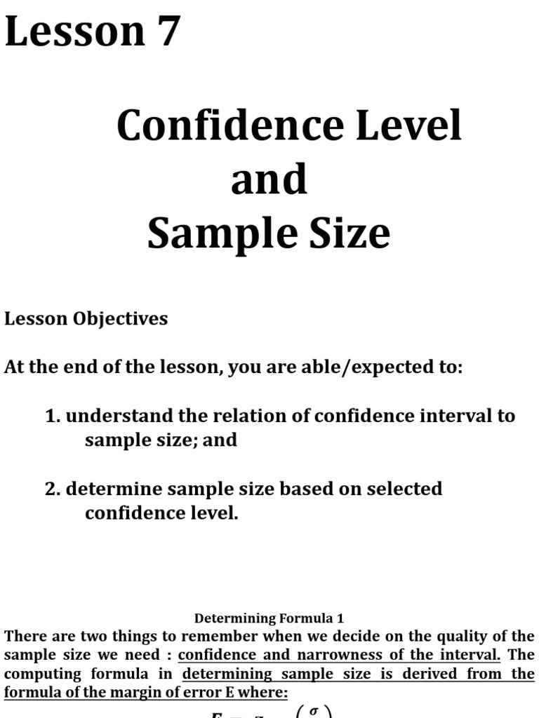PDF Lesson 7 Confidence Level and Sample Size | PDF | Sample Size ...