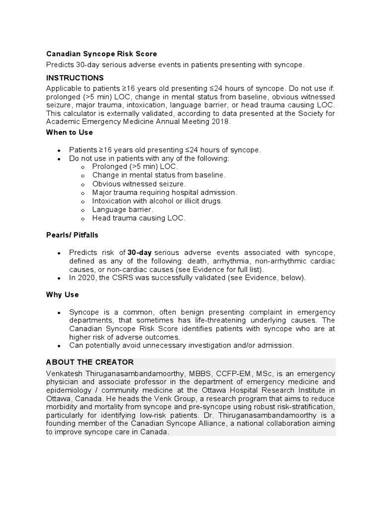 Syncope Risk Score for Clinicians | PDF | Cardiac Arrest | Health Sciences