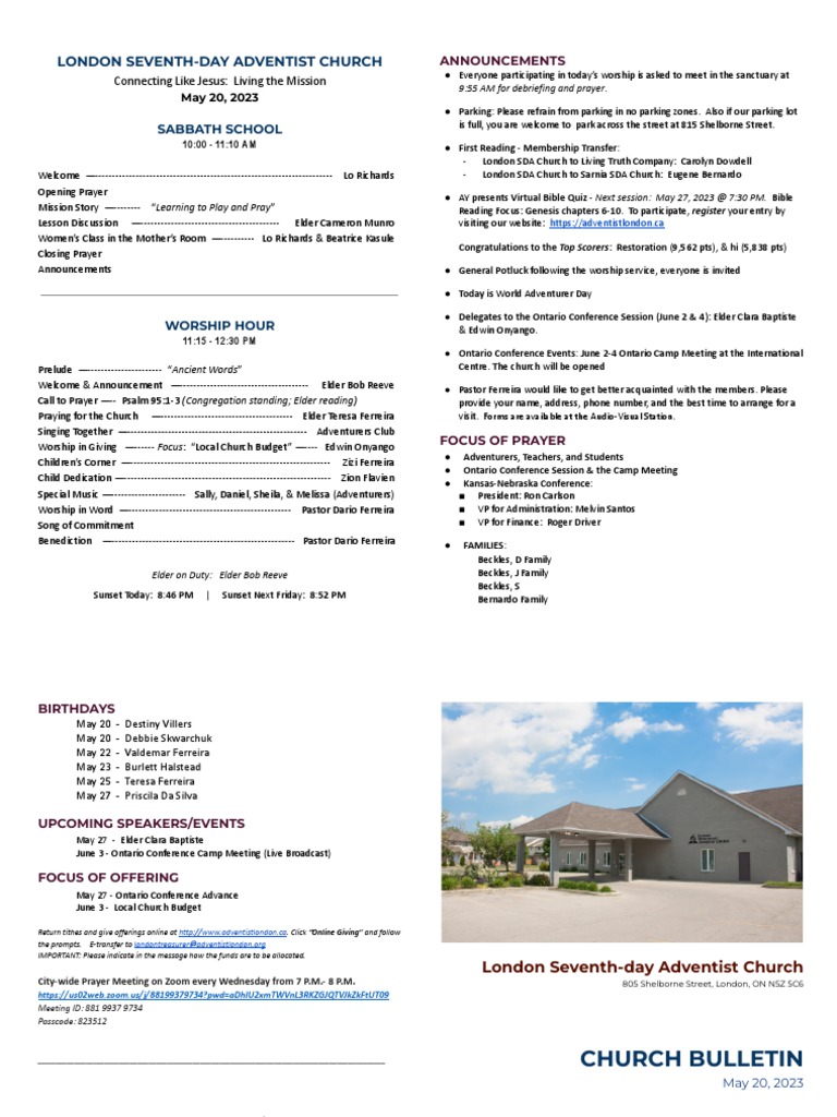 Church Bulletin - May 20 2023 | Download Free PDF | Seventh Day ...