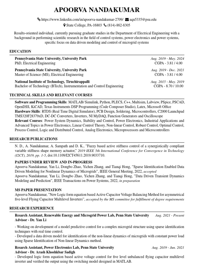Apoorva Nandakumar Resume PDF | PDF | Power Inverter | Electronics