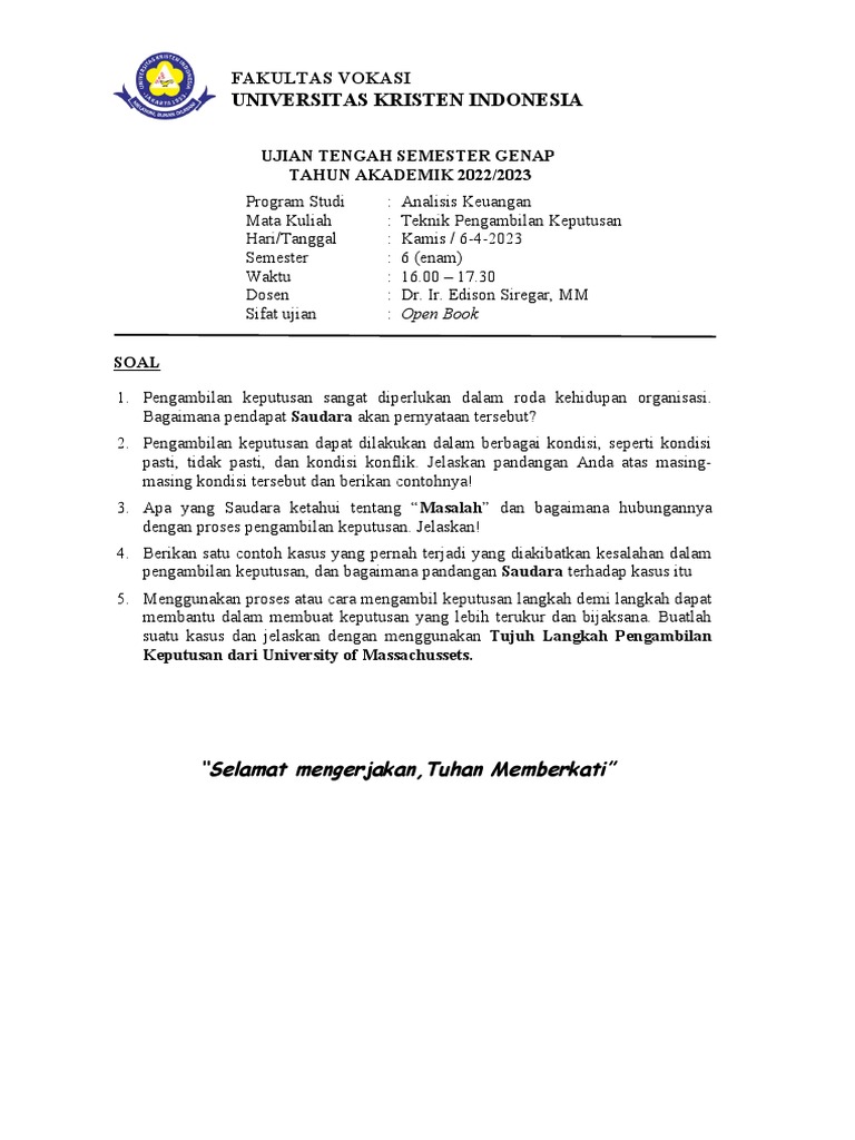 Soal UTS Teknik Pengambilan Keputusan - Genap 2022-2023 Salinan | PDF