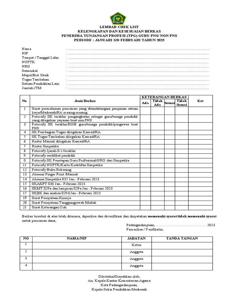 Lembar Chek List 2023 | PDF