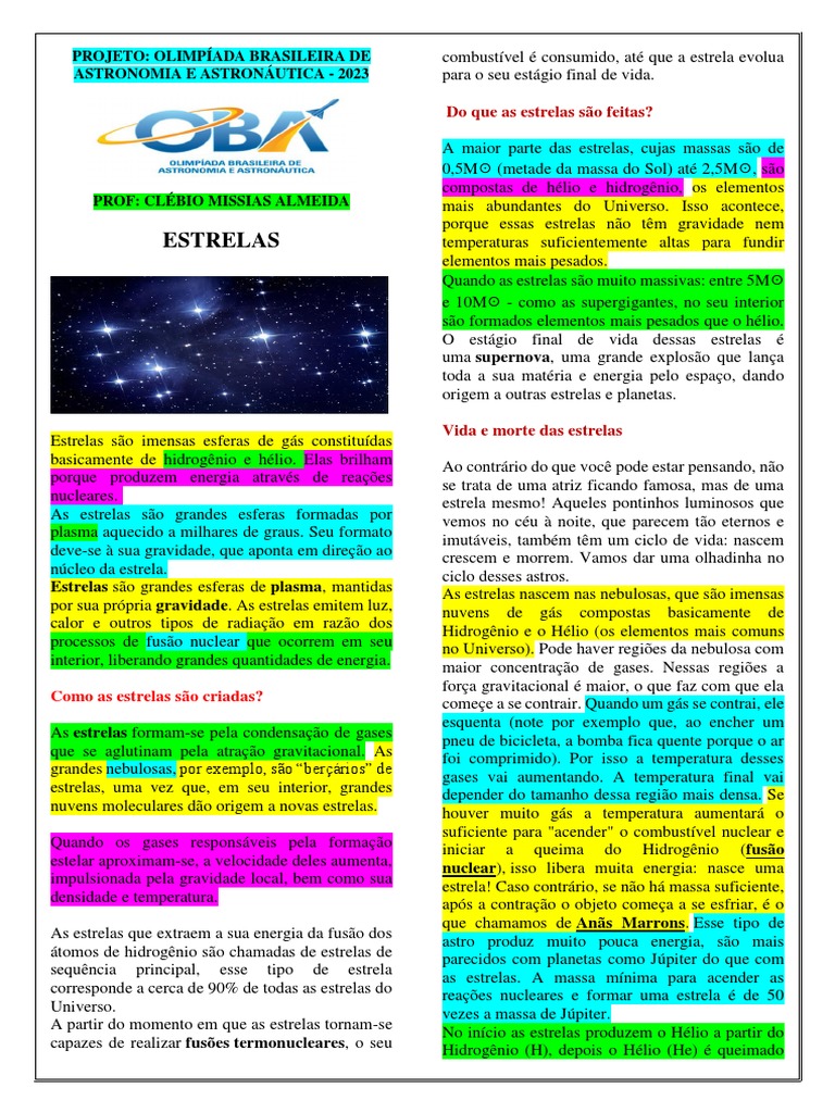 Material de Estudos - Oba-2023 - (Conteúdos - Estrelas, Galaxias e o Sol) | Download grátis PDF ...
