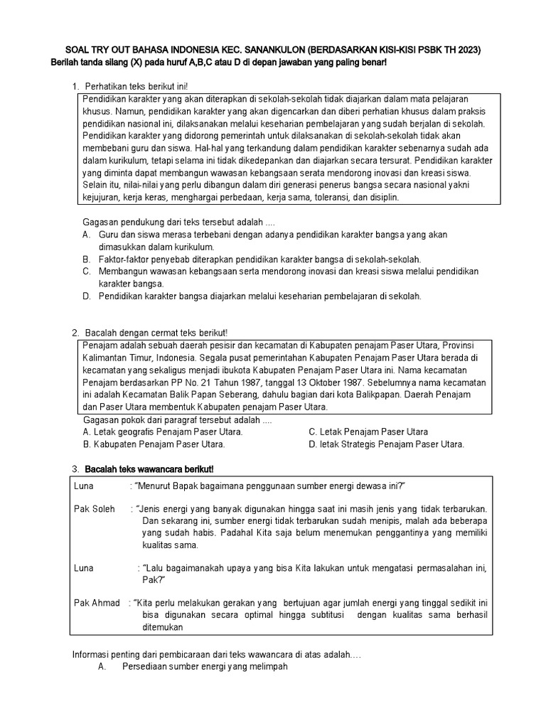 3 Latihan Soal PSBK 2023 B. Indonesia Sanankulon | PDF