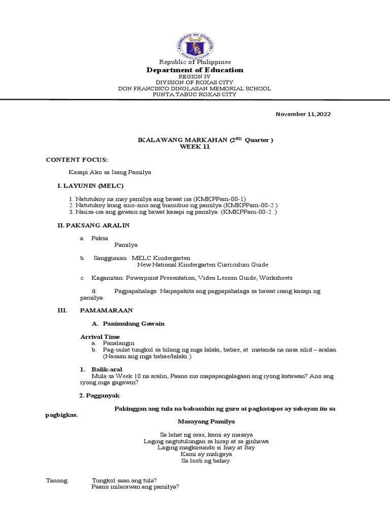 COT Q2 Week 11 PAMILYA FOR PRINTING | PDF