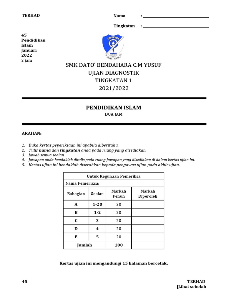 Cover Soalan Ujian Diagnostik 2021 | PDF
