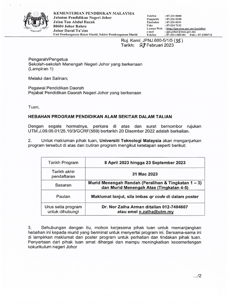 Surat Hebahan Program Pendidikan Alam Sekitar Dalam Talian Utm | PDF