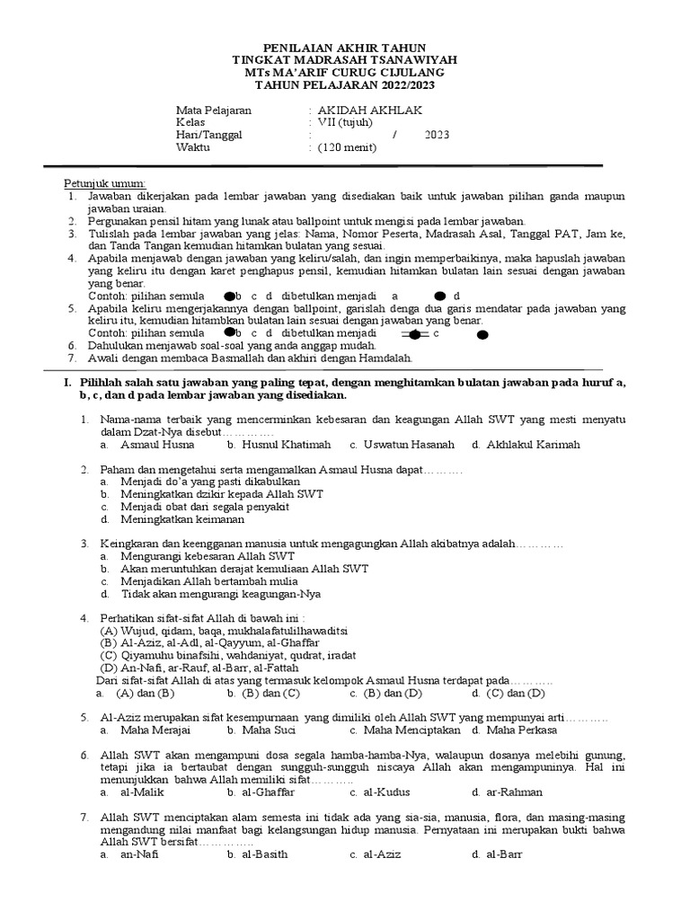 Soal PAT Akidah Akhlak Kls. 7 Smt Genap 2022-2023 | PDF
