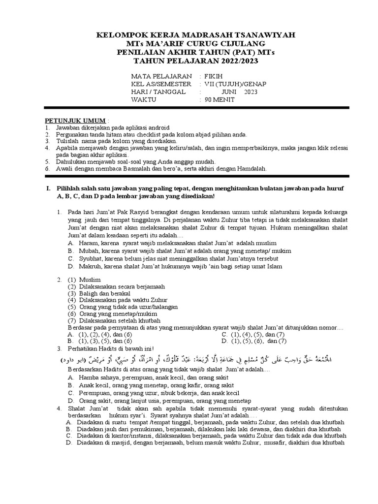 Soal Pat Fikih Kelas Vii 2022-2023 | PDF