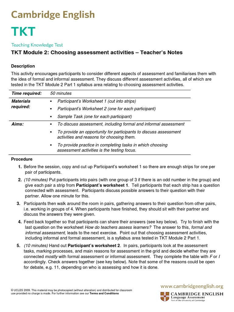 TKT Module 2 Choosing Assessment Activities | PDF | Educational ...