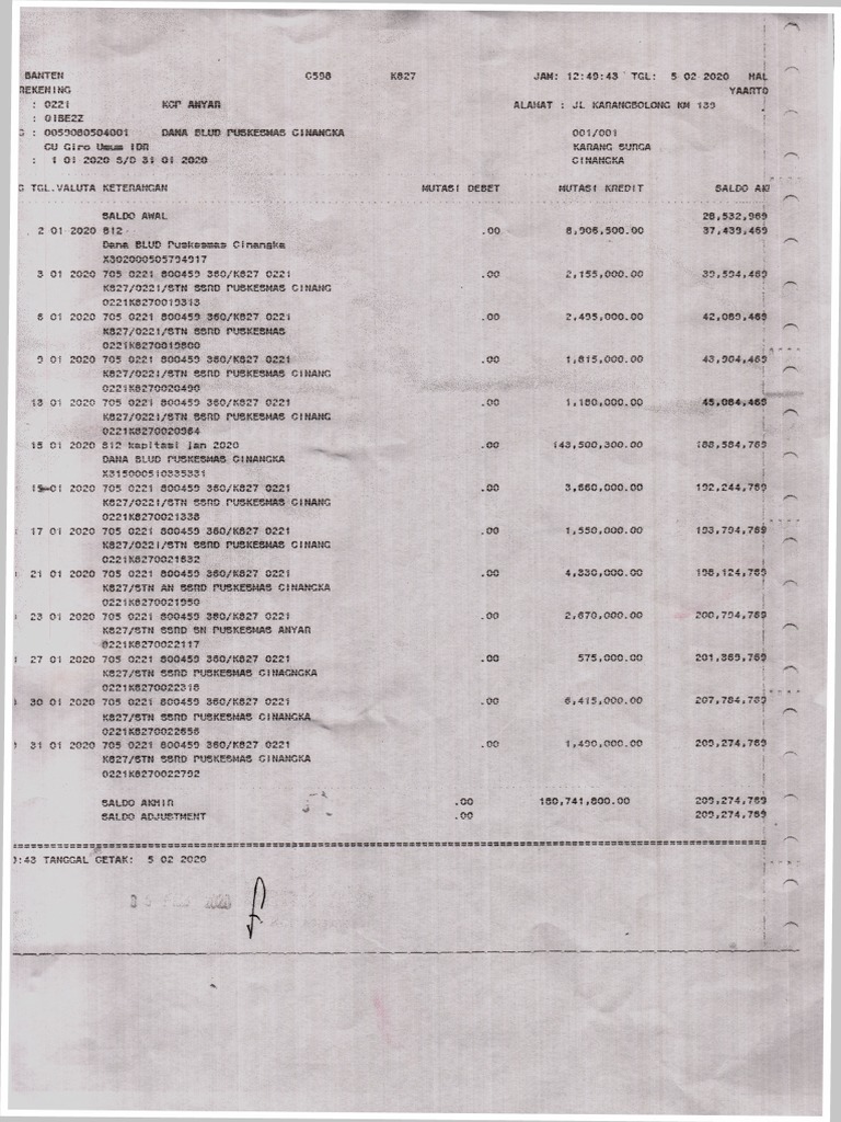 Rekening Koran Priode 1 Januari 2020 Sampai Dengan 31 Desember 2020 | PDF