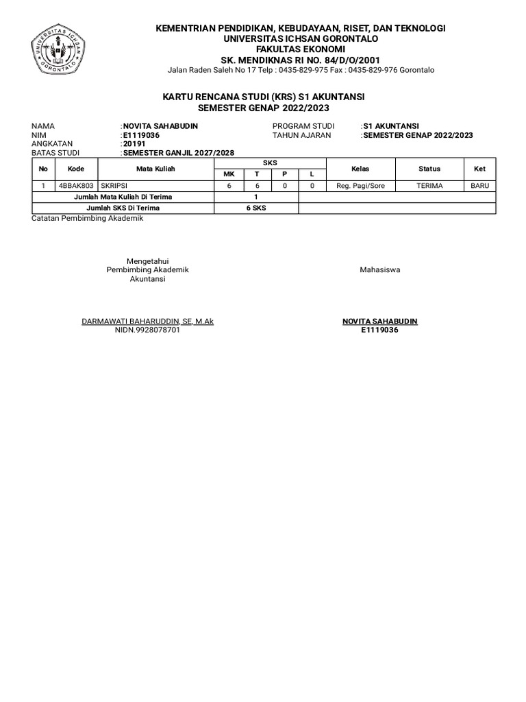 KRS S1 Akuntansi Genap 2022/2023 | PDF