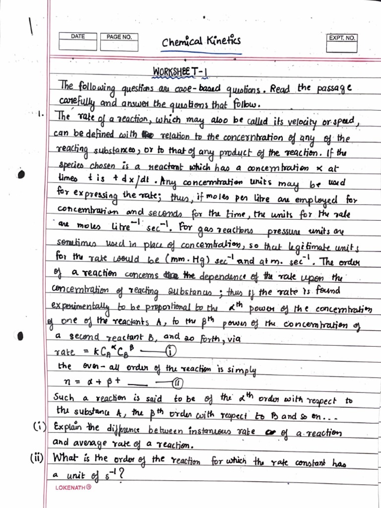 Chemical Kinetics - Worksheet 1 | PDF
