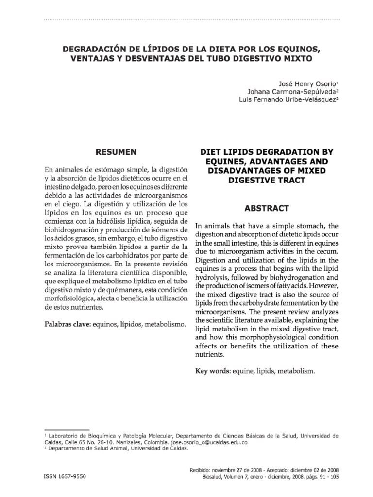 Vista de Degradación de Lípidos de La Dieta Por Los Equinos, Ventajas y Desventajas Del Tubo ...