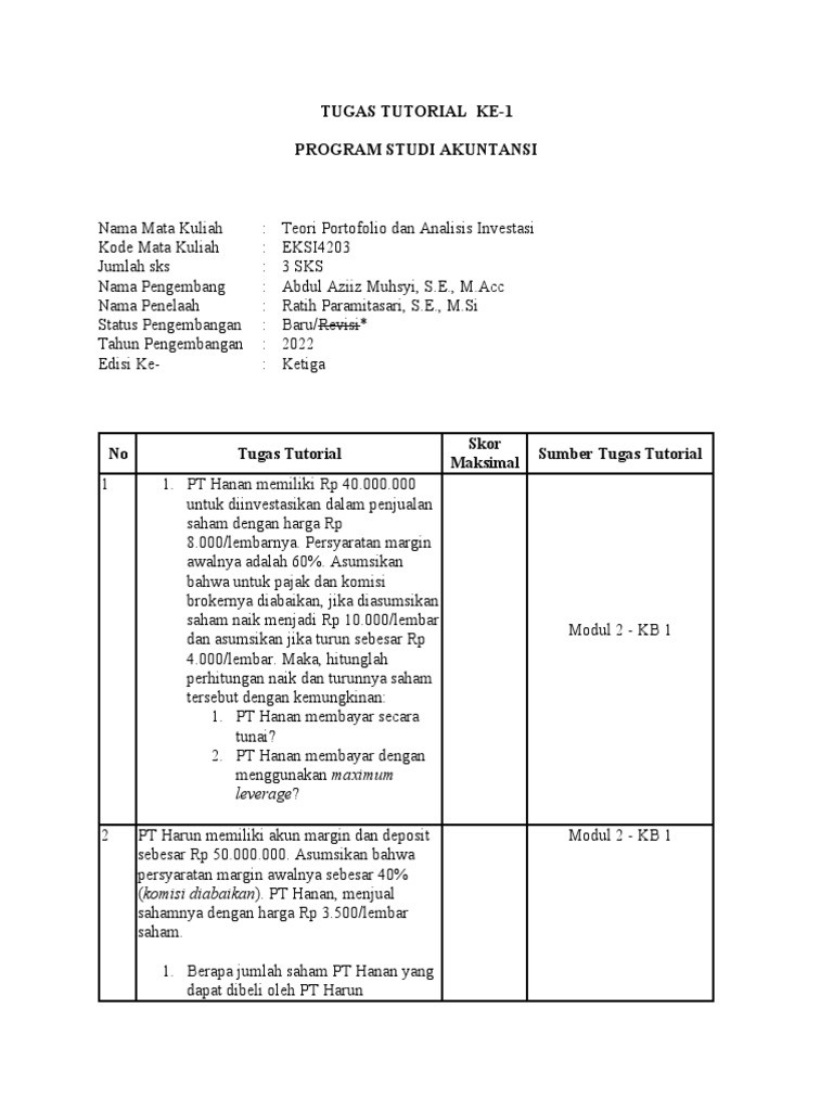 Jawaban Tugas 1 Teori Portofolio Dan Analisis Investasi EKSI4203 | PDF