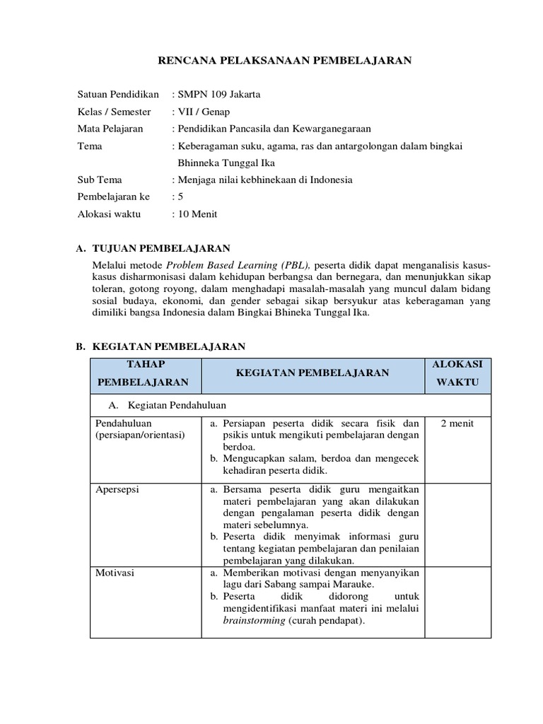 RPP Keberagaman Dalam Bingkai Bhinneka Tunggal Ika | PDF | Karier ...