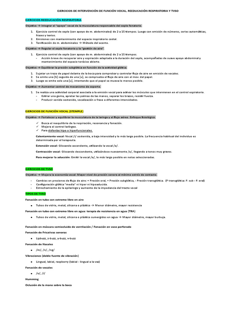 Ejercicios de Intervención de Función Vocal, Reeducación Respiratoria y ...