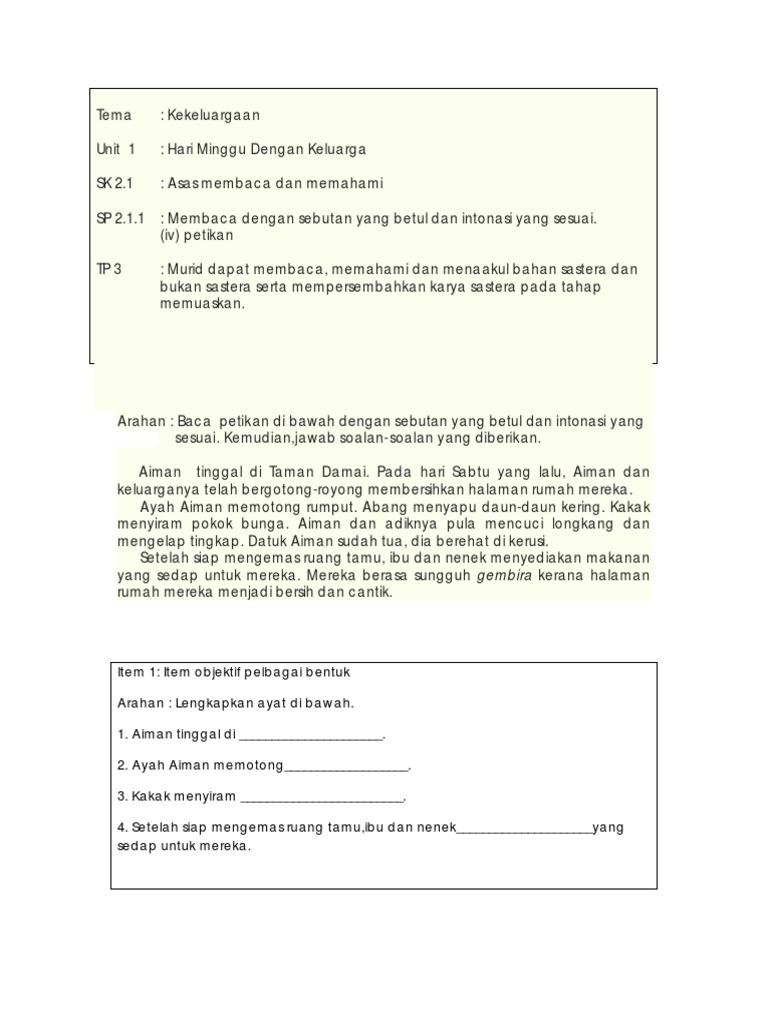 Item Kemahiran Membaca Tahun 2 (Zon Sabah) | PDF